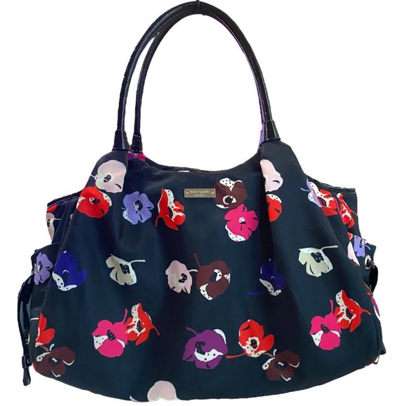 kate spade | Bags | Kate Spade Black Floral Nylon Stevie Baby Tote Bag ...